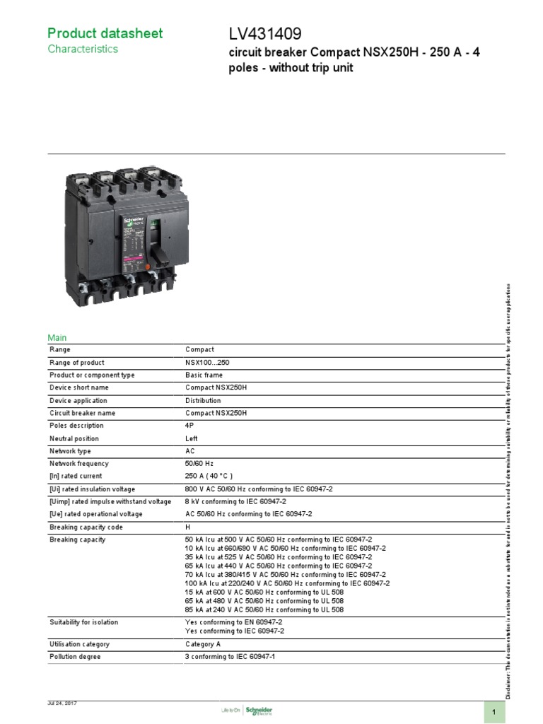 Product Datasheet: Circuit Breaker Compact NSX250H - 250 A - 4 Poles ...
