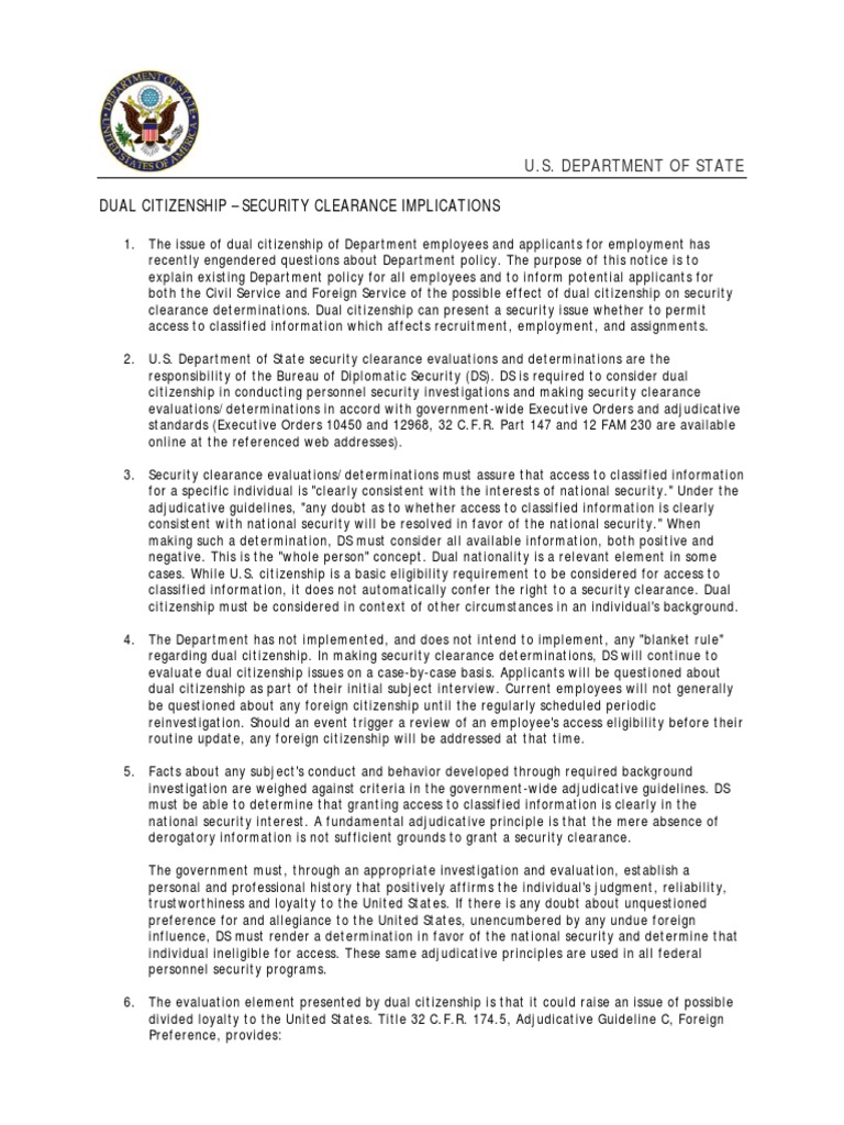 Dual Citizenship - Security Clearance Implications: U.S. Department of State | PDF | Security ...