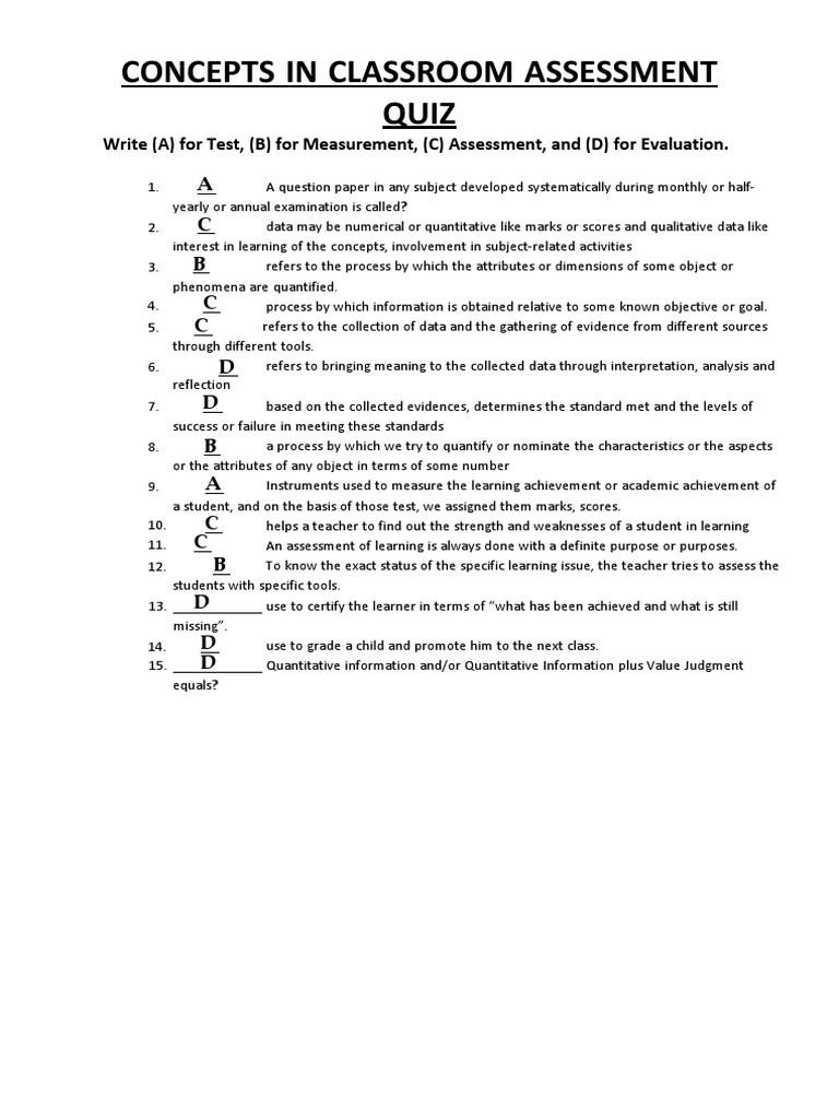 Classroom Assessment Concepts Quiz | PDF | Career & Growth