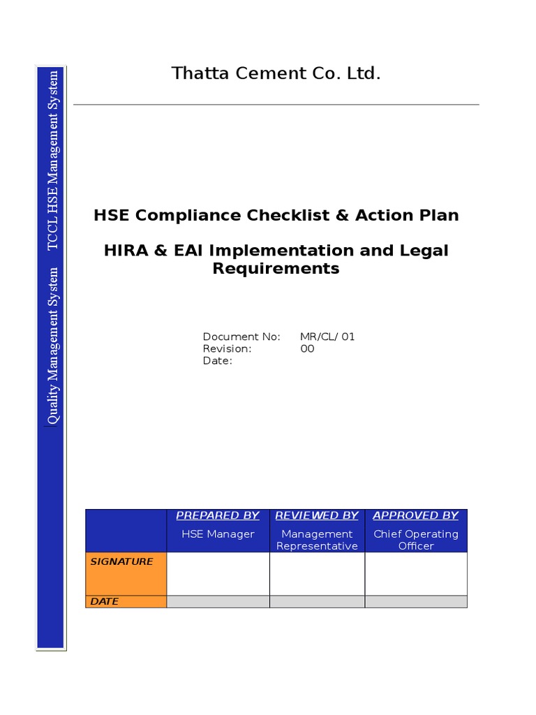 Thatta Cement Co. LTD.: HSE Compliance Checklist & Action Plan HIRA ...