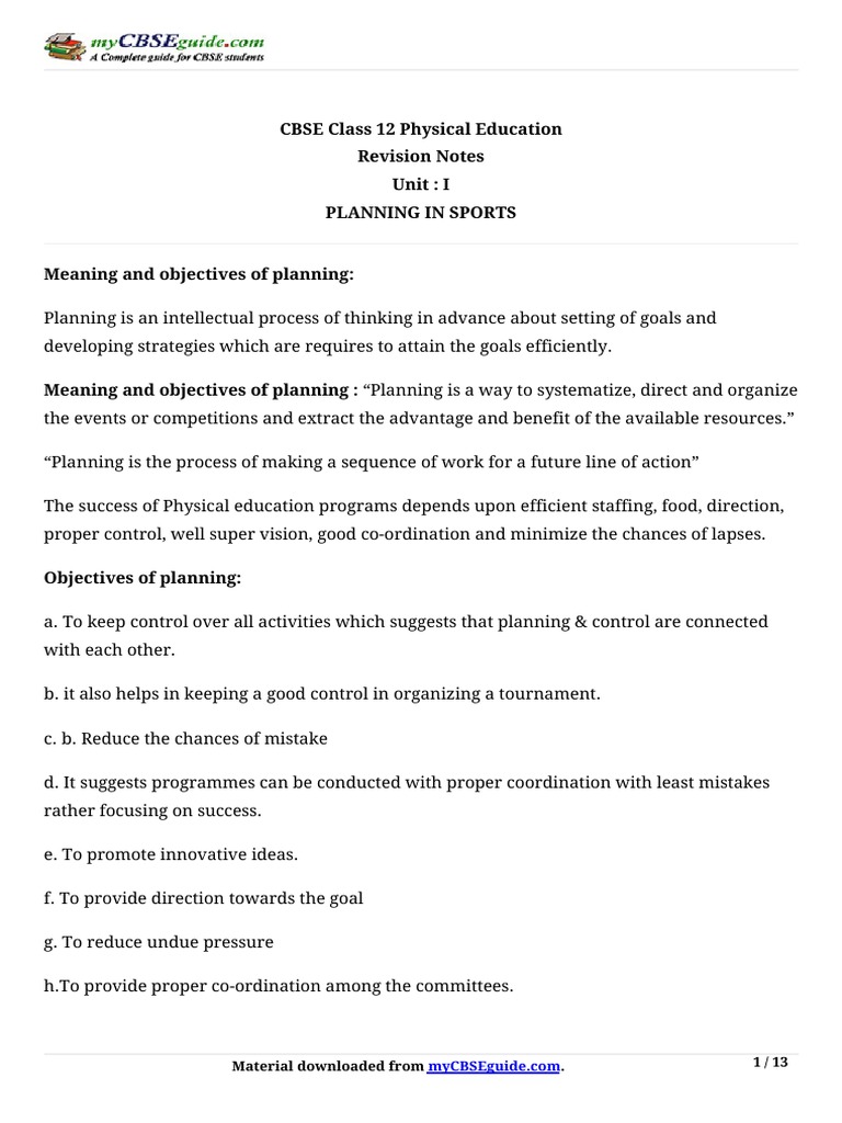 CBSE Class 12 Physical Education Revision Notes Unit: I Planning in ...