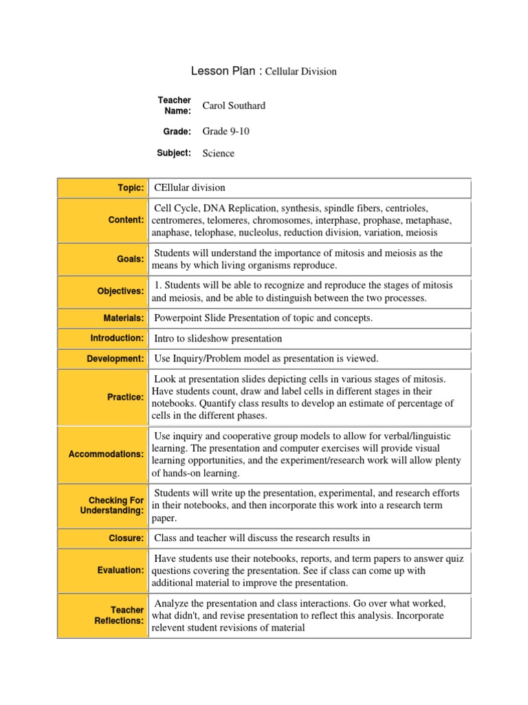 Lesson Plan:: Teacher Name: Grade: Subject | PDF | Meiosis | Mitosis