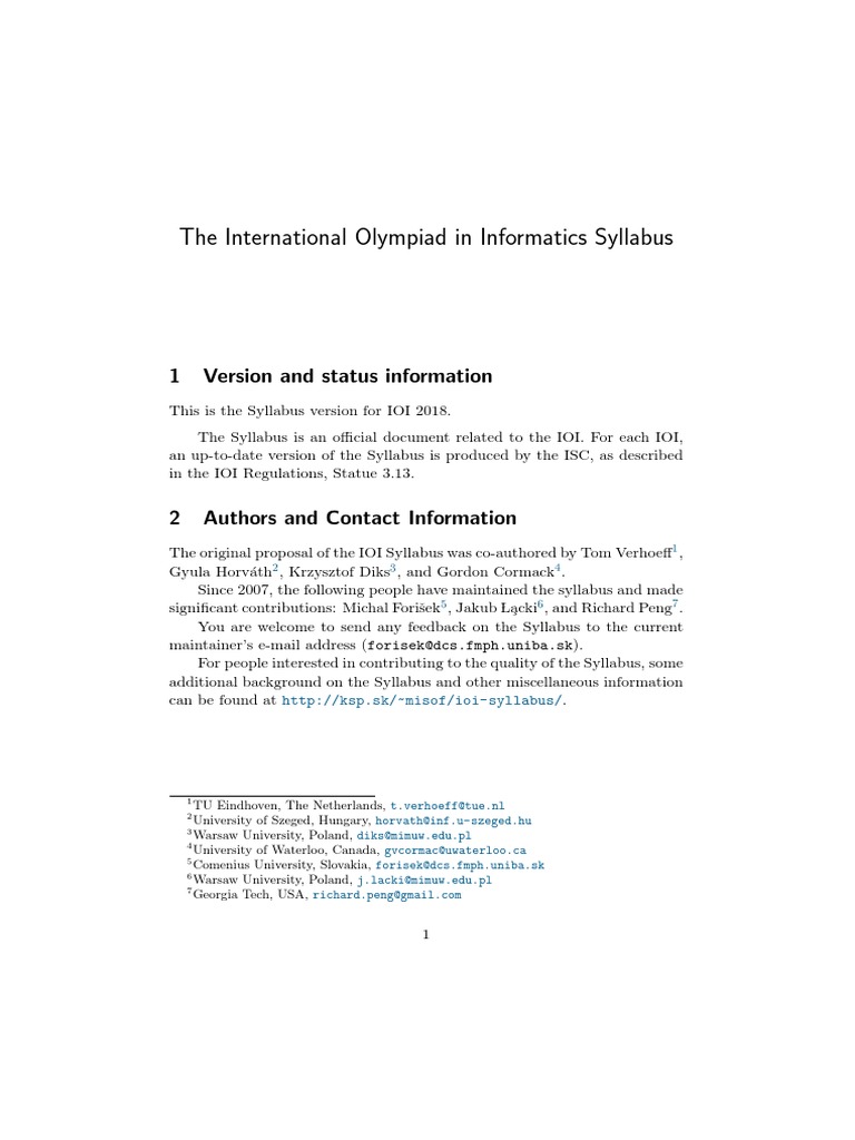The International Olympiad in Informatics Syllabus: 1 Version and ...
