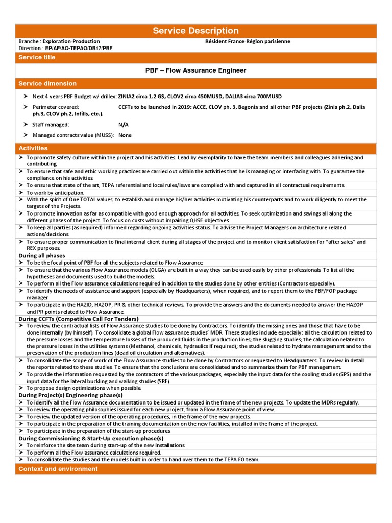 PBF Flow Assurance Engineer Role Overview | PDF | Subsea (Technology ...