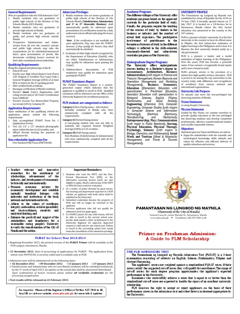 PLMAT 2012 General Information Primer PDF | PDF | University And ...