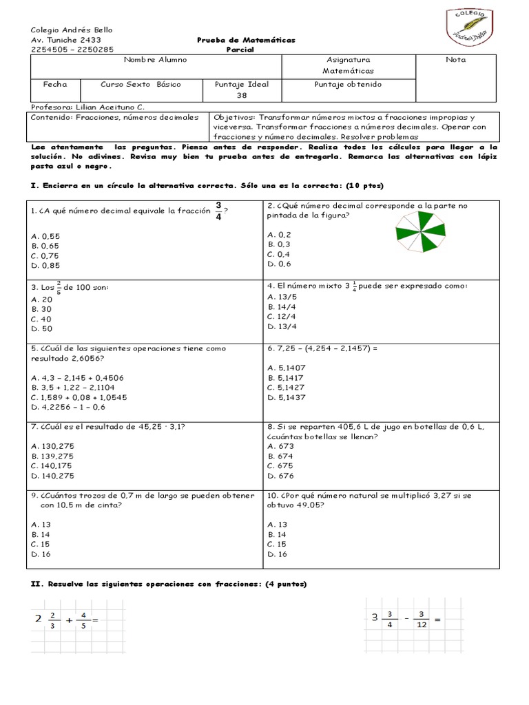 Prueba de Matemáticas: Fracciones y Decimales | PDF | Números ...