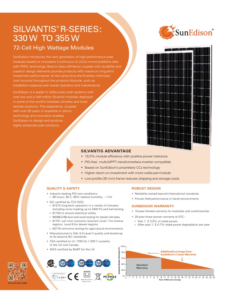 Data Sheet SunEdison Mono Silver SE R335BMC 39 | PDF | Solar Panel | Electric Power