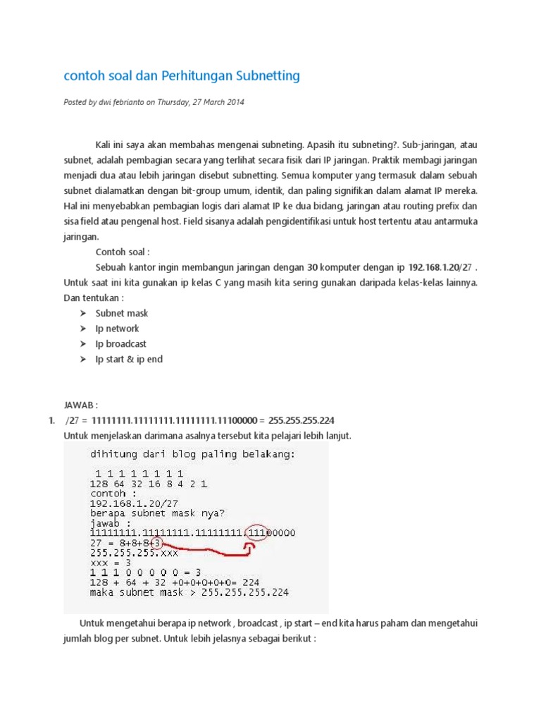 Contoh Soal Dan Perhitungan Subnetting | PDF