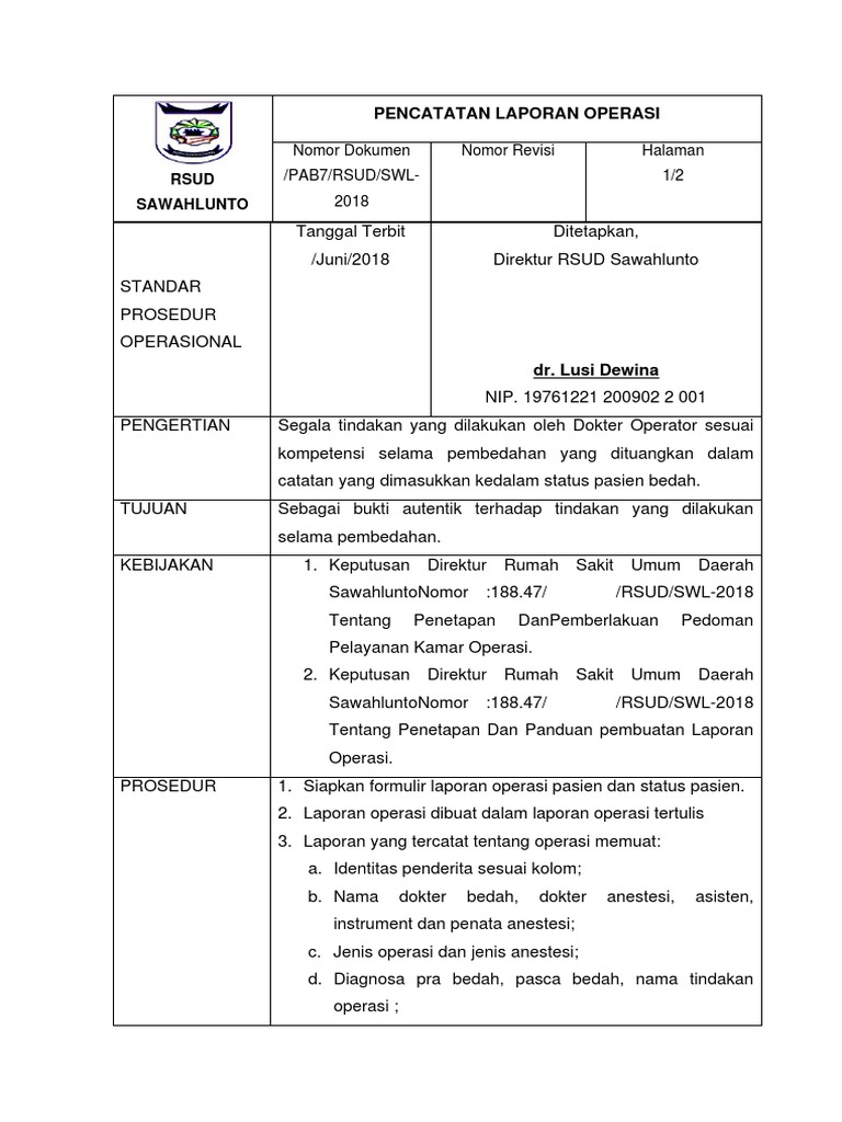 Sop Pencatatan Laporan Operasi Ok | PDF