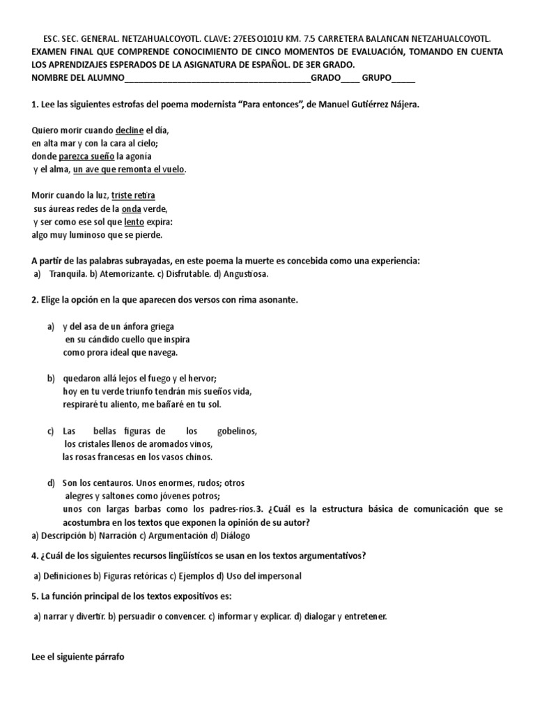 Examen Final de Español 3er Grado | PDF | Ensayos | Publicidad