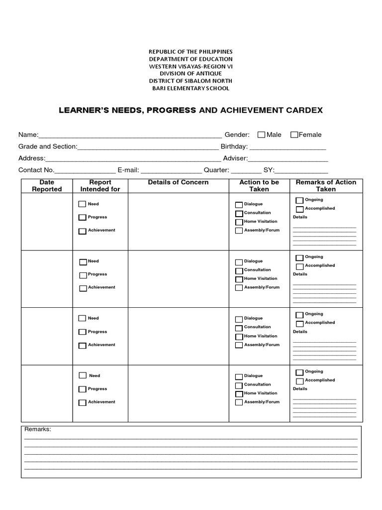 Learner'S Needs, Progress and Achievement Cardex | PDF | Learning