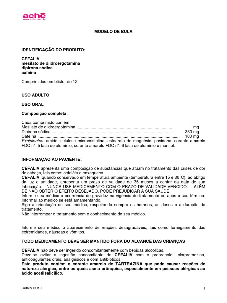 Cefaliv P00298ACE00 | PDF | Cafeína | Enxaqueca