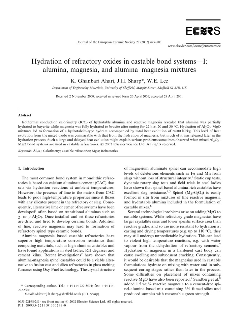 Hydration of Refractory Oxides in Castable Bond Systems-I Alumina ...