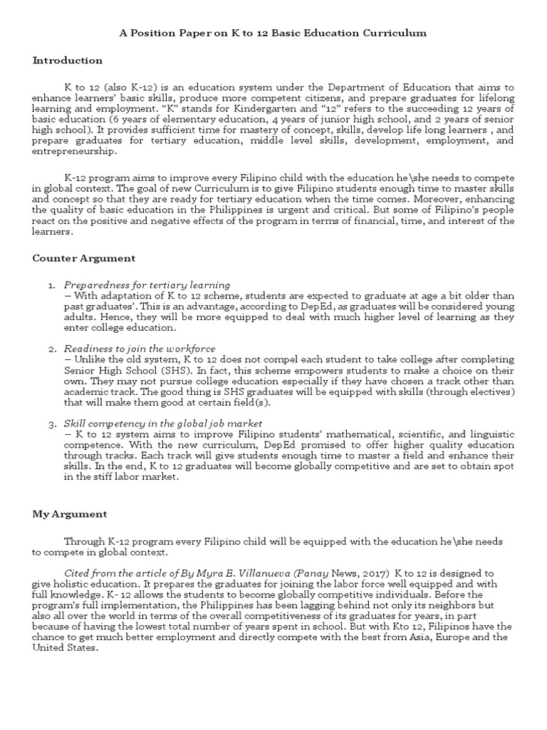 A Position Paper On K To 12 Basic Education Curriculum | PDF ...