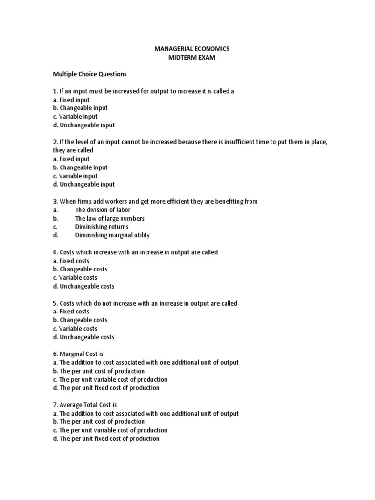 Managerial Economics Midterm Exam Multiple Choice Questions | PDF ...