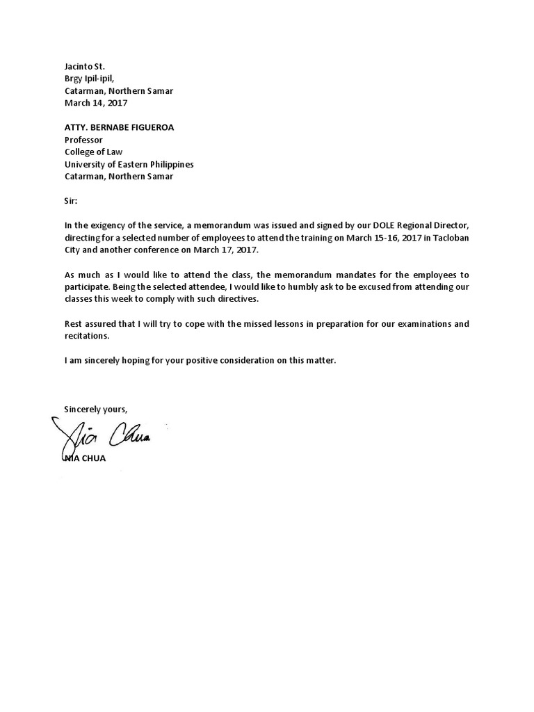 Excuse Letters To Law | PDF