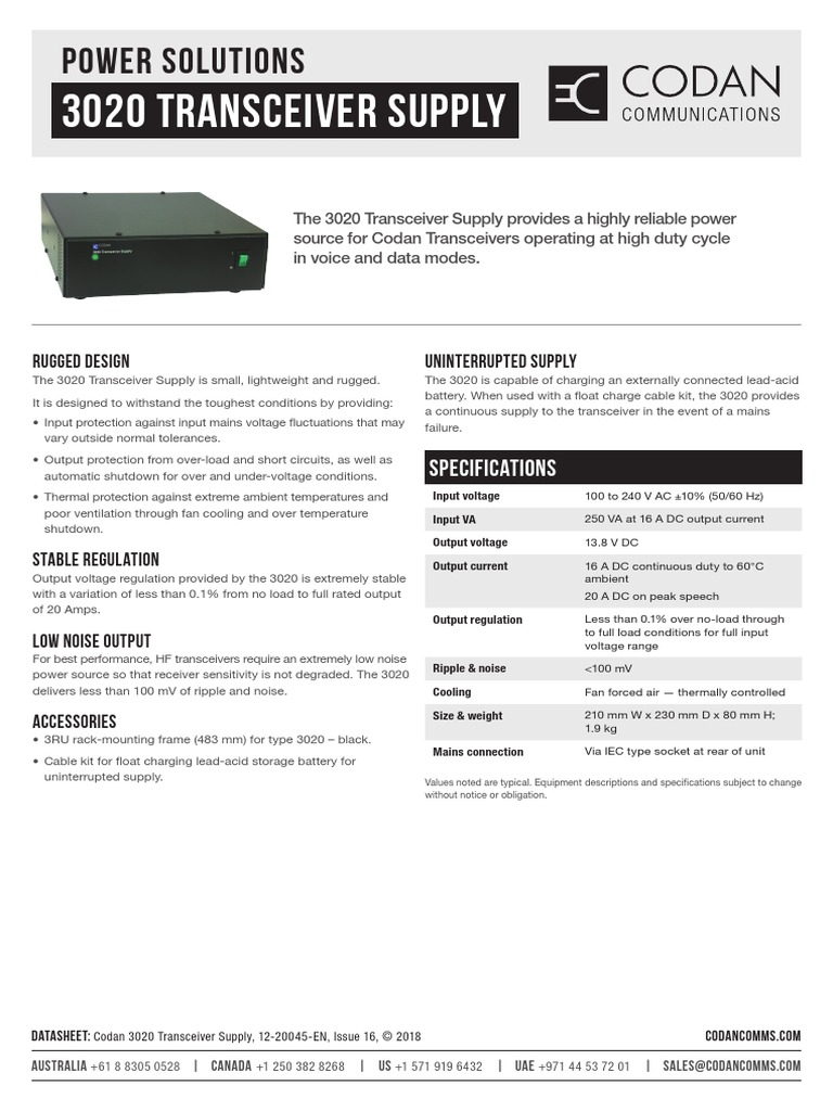Codan 12 20045 en 16 3020 Transceiver Supply | PDF | Mains Electricity ...