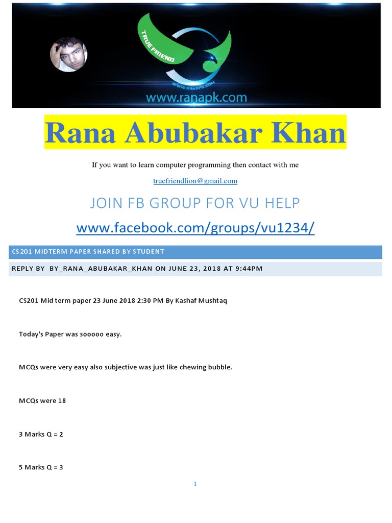 CS201-MidTerm-By Rana Abubakar Khan | PDF | Derivative | Function (Mathematics)