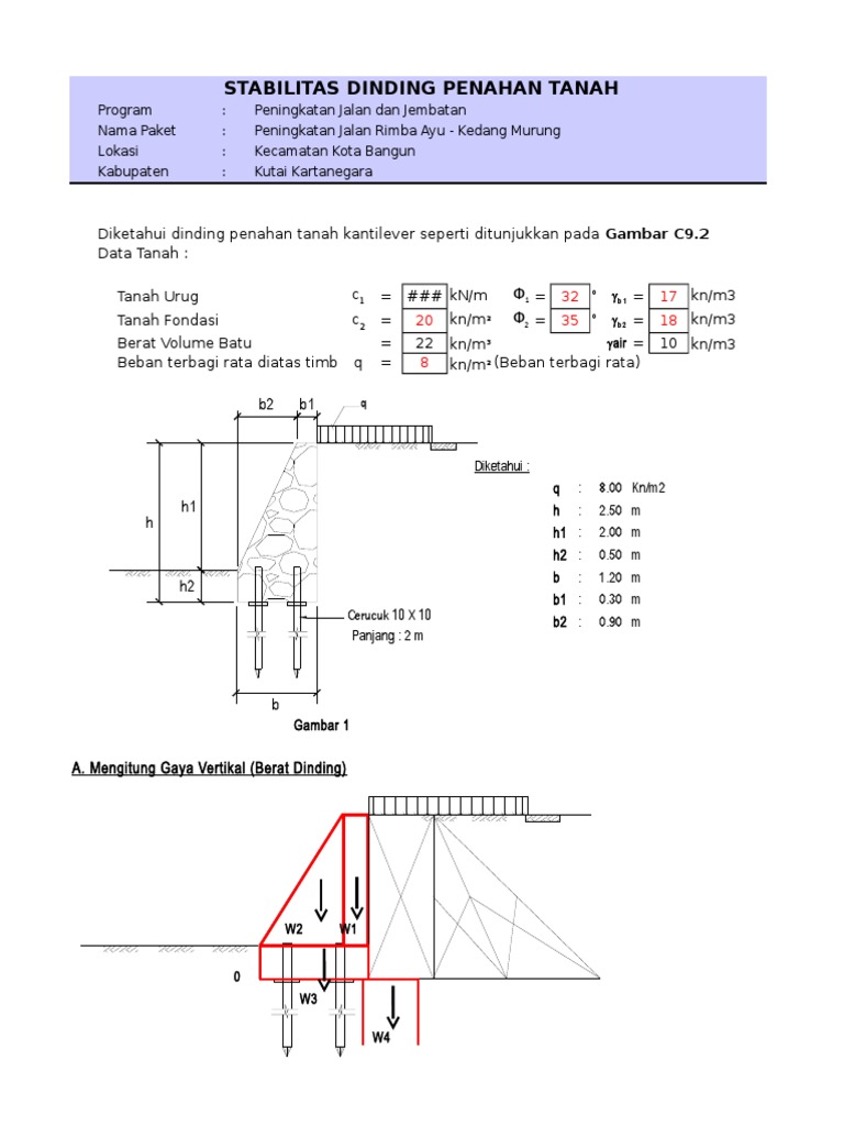 Perhitungan Stabilitas Tanah (Dinding Penahan Tanah) Gravity | PDF