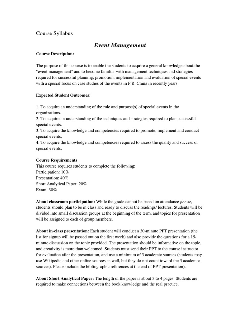 Event Management: Course Syllabus | Download Free PDF | Lecture | Risk ...