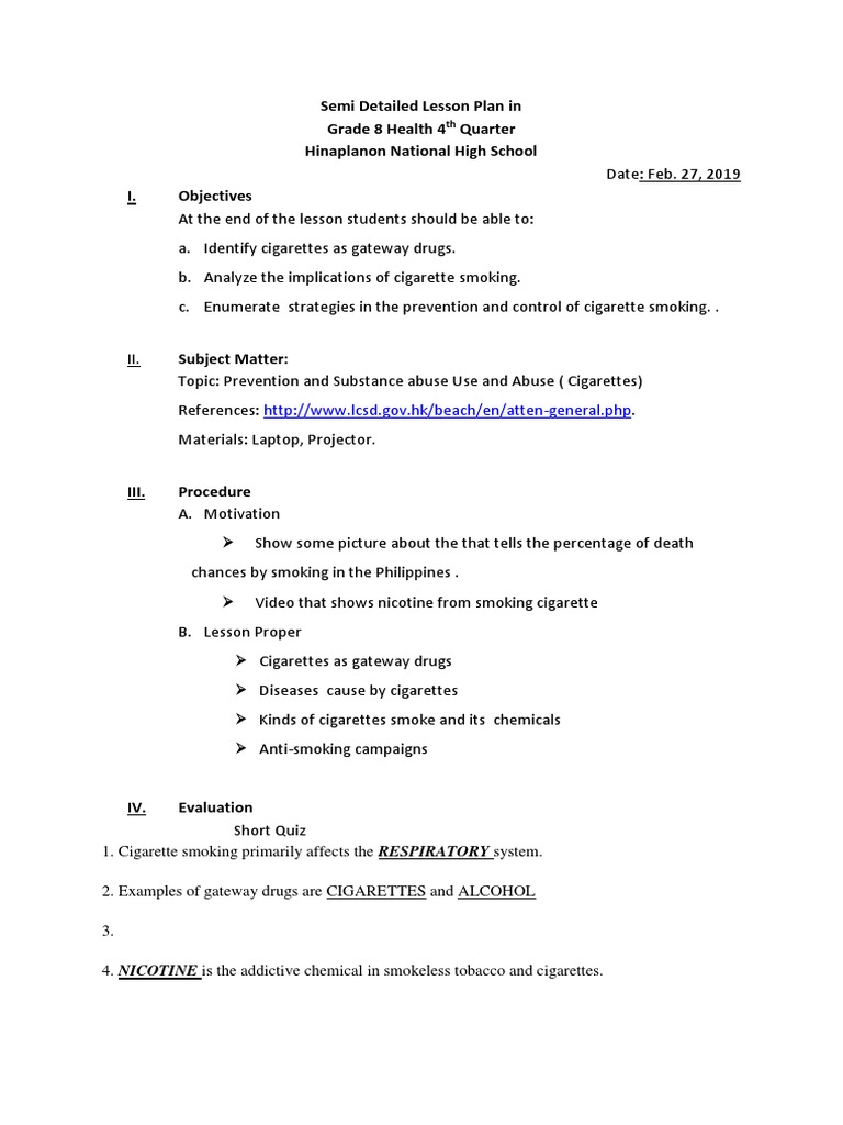 Grade 8 Lesson Plan on Gateway Drugs | PDF | Tobacco Smoking | Addiction