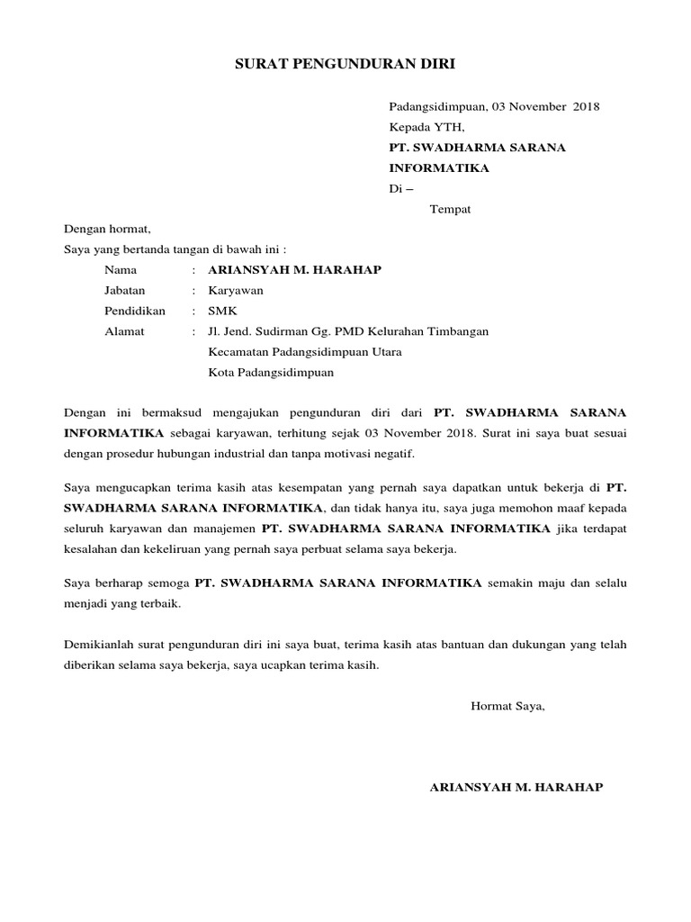 Surat Pengunduran Diri Resign Kerja | PDF