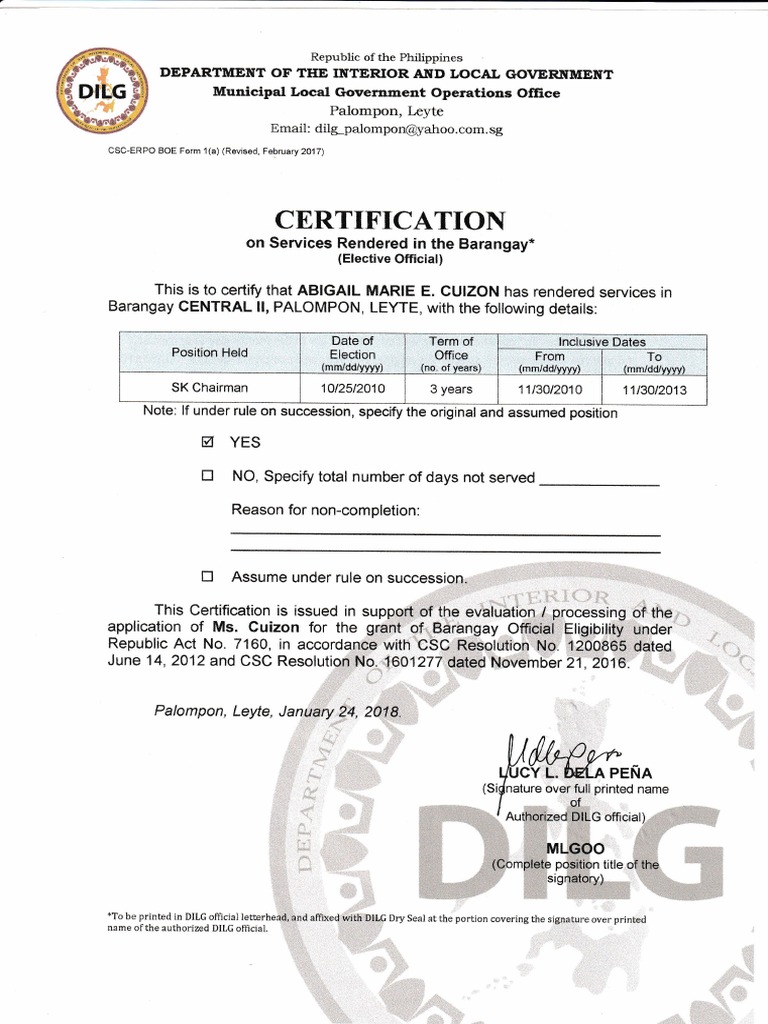 Certification On Services Rendered in The Barangay (Elective Official) | PDF