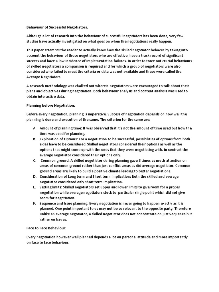 Behaviour of Successful Negotiators | PDF | Negotiation | Question
