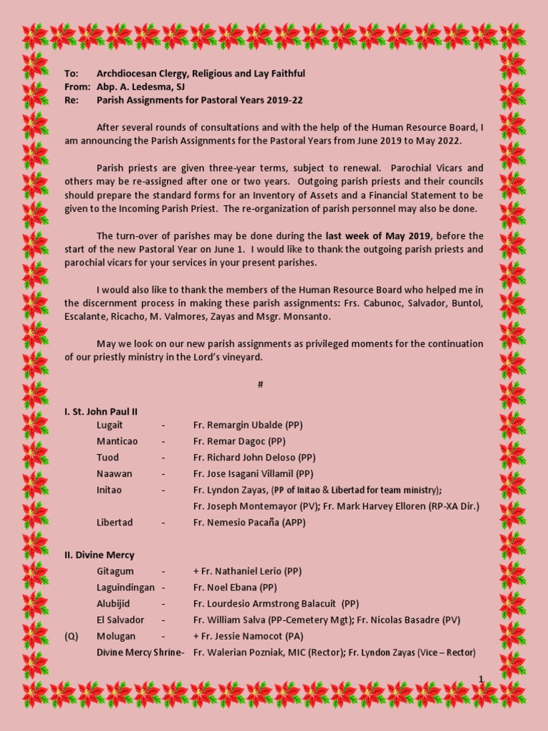 Cebu Archdiocese Priest Assignments 2019-22 | PDF | Parish | Clergy