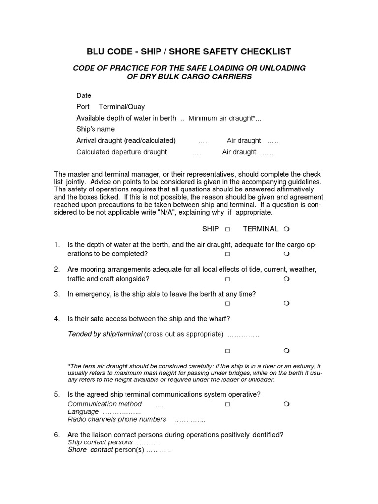 BLU Code - Ship Shore Safety Checklist | PDF | Ships | Cargo