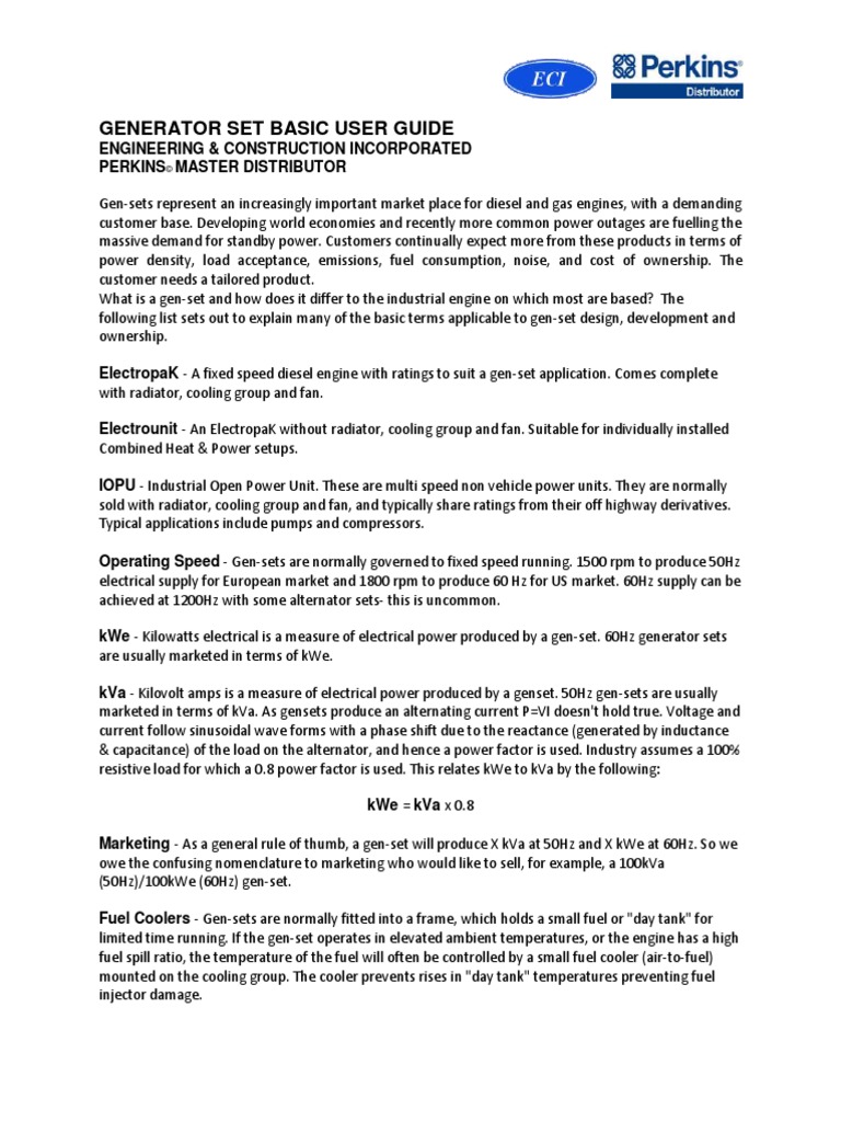 Generator Set Basic User Guide: Engineering & Construction Incorporated ...