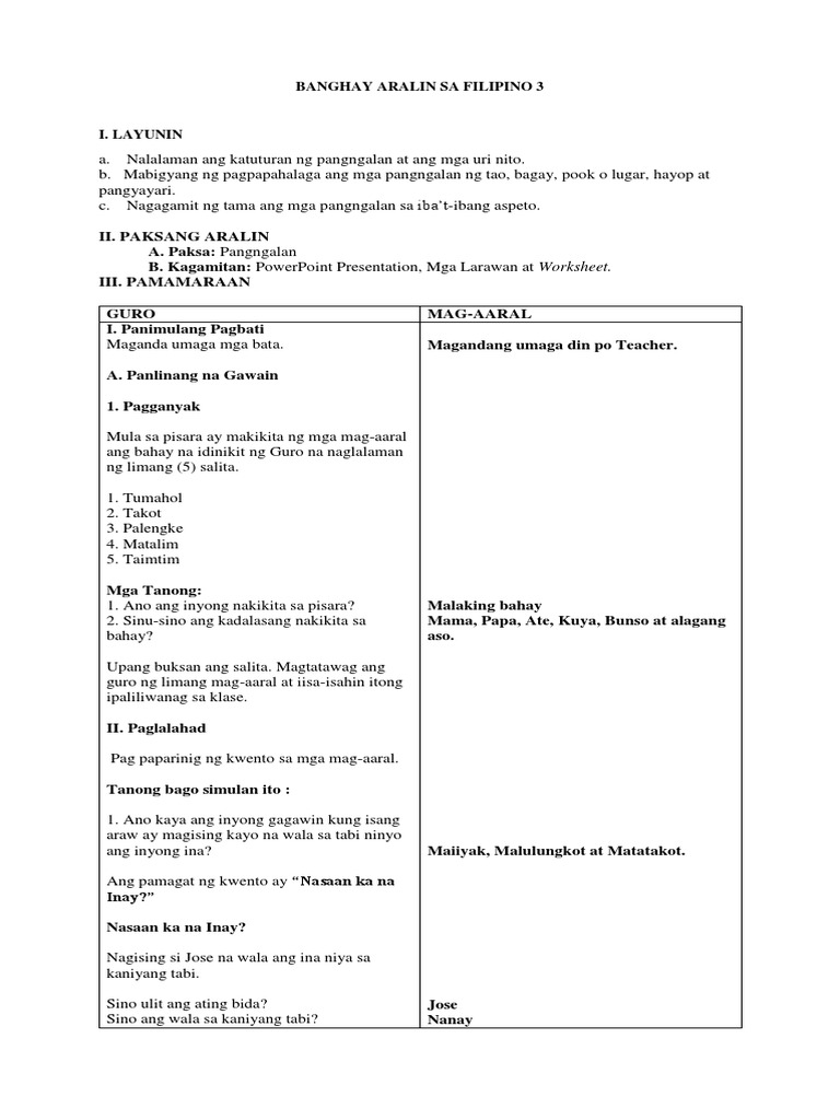 Banghay Aralin Sa Filipino 3 Demo | PDF