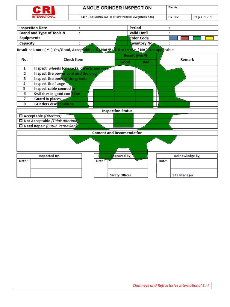 Inspection Date: Period: Brand and Type of Tools & Equipments: Valid ...