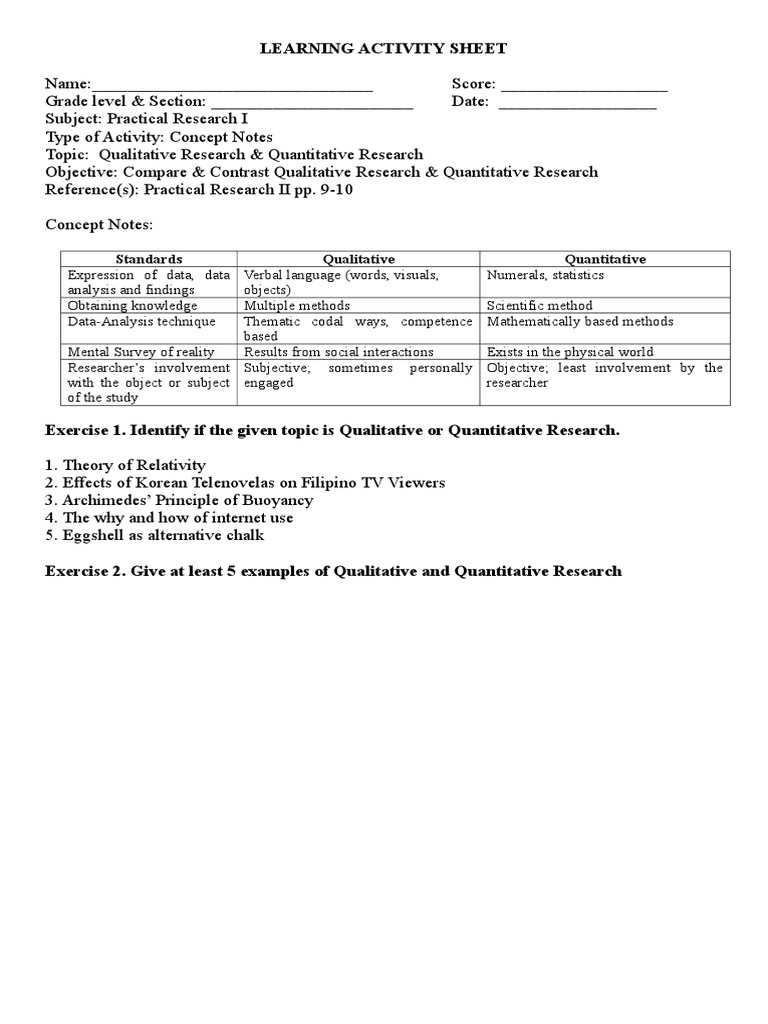 LEARNING ACTIVITY SHEET - Qualitative Vs Quantitative | PDF
