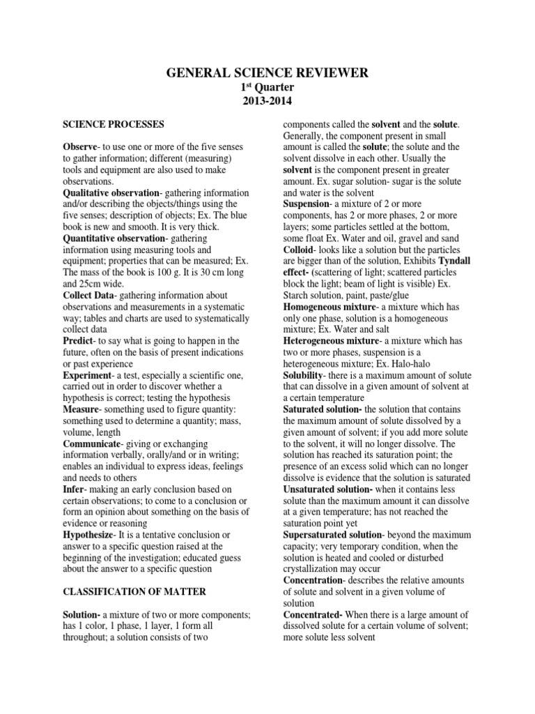 General Science Reviewer: 1 Quarter 2013-2014 | PDF | Solution | Mixture