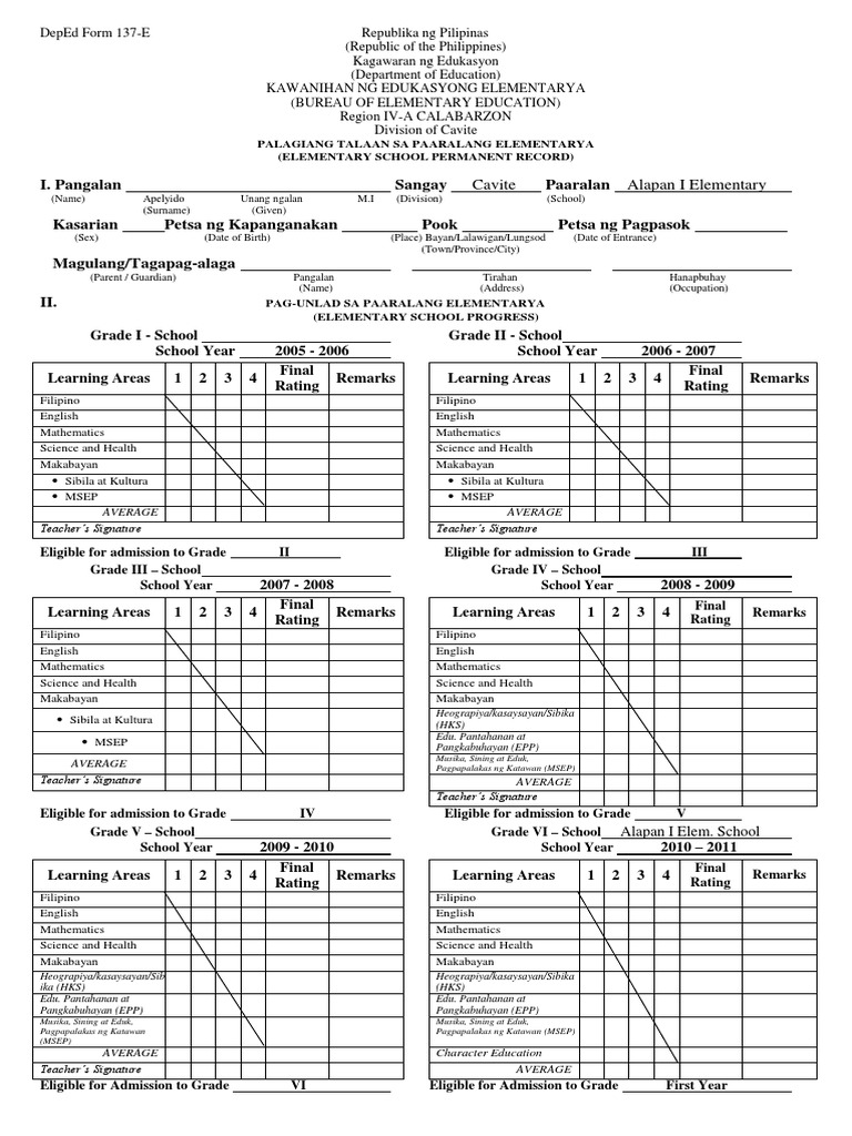 DepEd Form 137 BLANK | PDF | Philippines | Learning