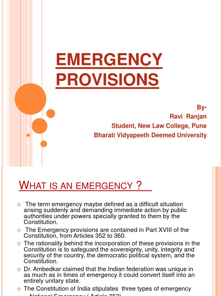 Emergency Provisions: By-Ravi Ranjan Student, New Law College, Pune ...