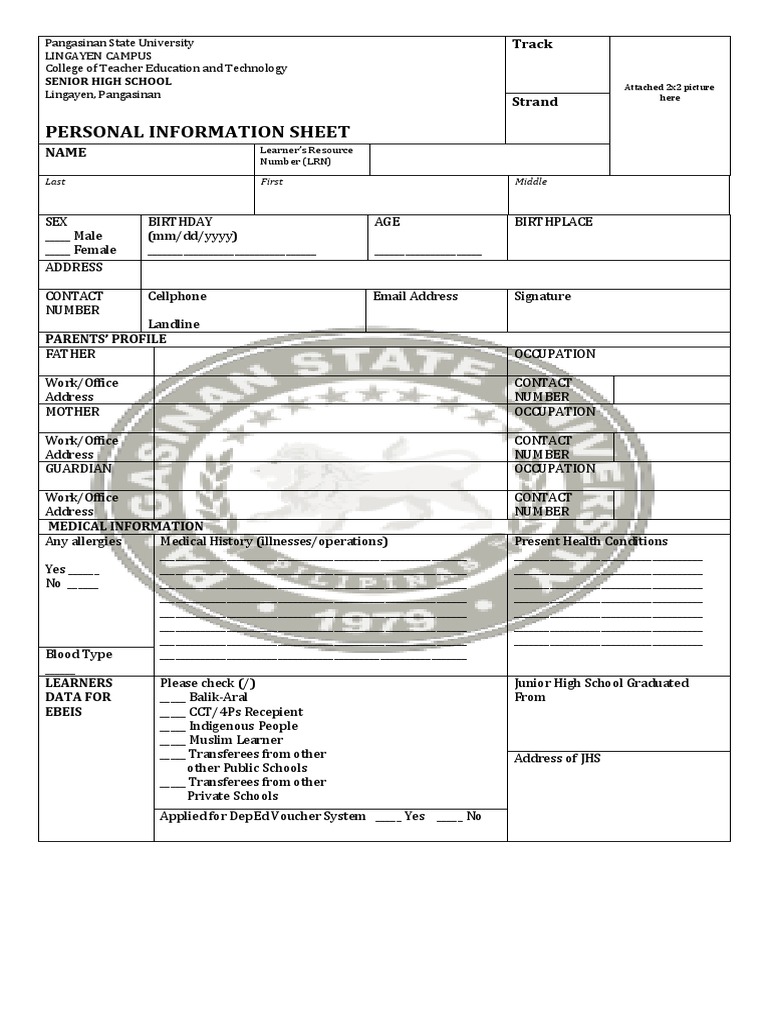 Personal Information Sheet | PDF | Learning