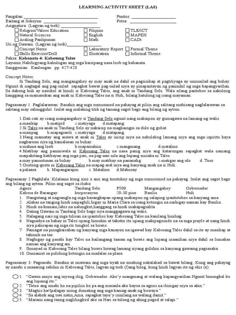 Learning Activity Sheet - Kabanata 4 | PDF