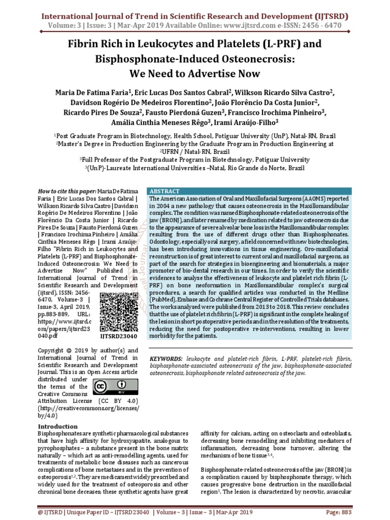 Fibrin Rich in Leukocytes and Platelets L PRF and Bisphosphonate ...