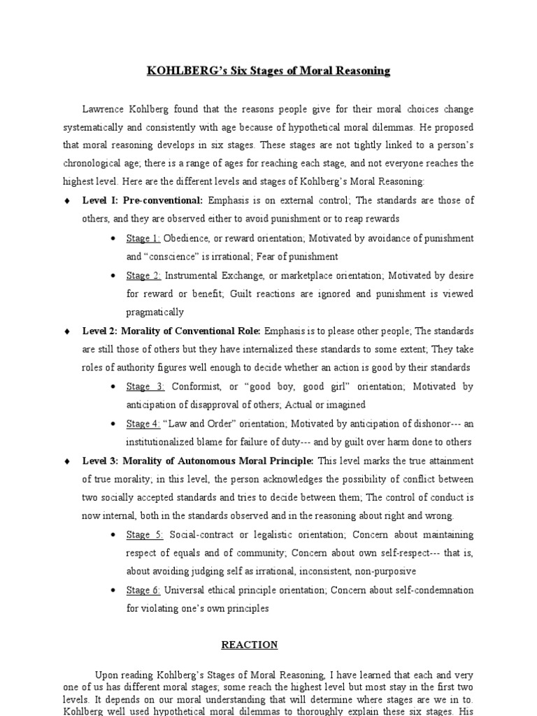 Kohlberg's Six Stages of Moral Reasoning Psychology) | PDF | Morality ...