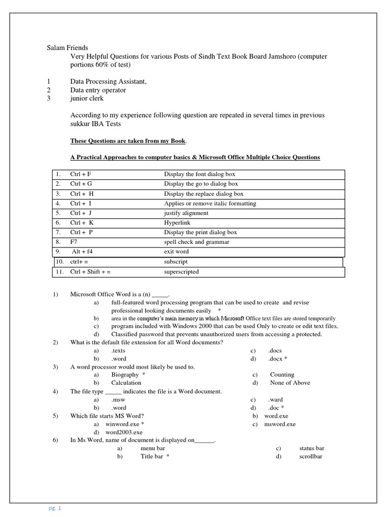 STBB Test (Taken From A Practical Approaches To Computer Basics & Ms ...