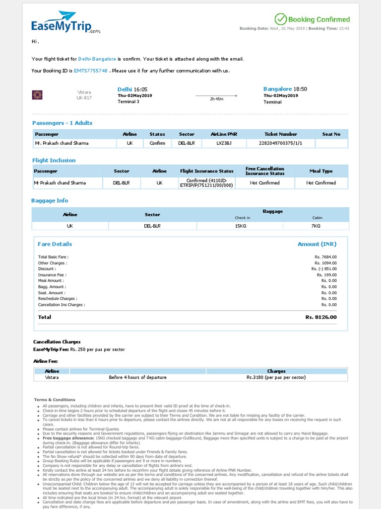 Ease My Trip PDF Air Ticket | PDF | Airlines | Airport