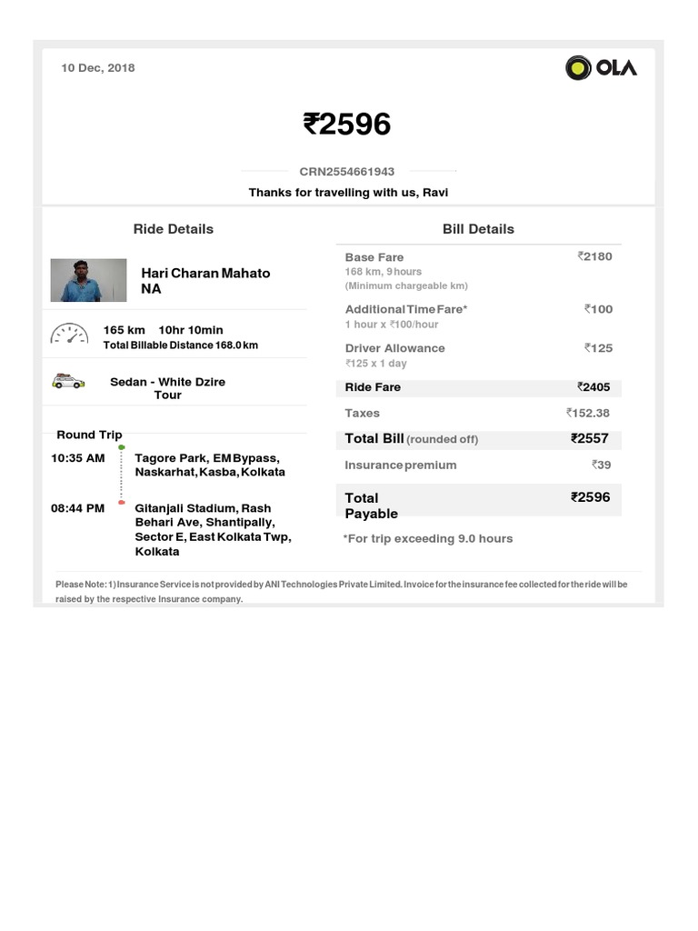 ola outstation bill | Payments | Services (Economics)