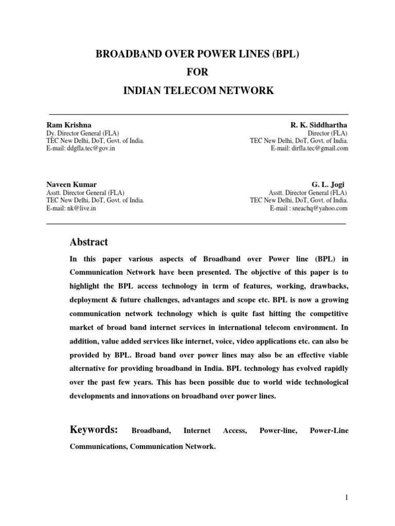 Broadband Over Power Lines (BPL) FOR Indian Telecom Network | PDF ...