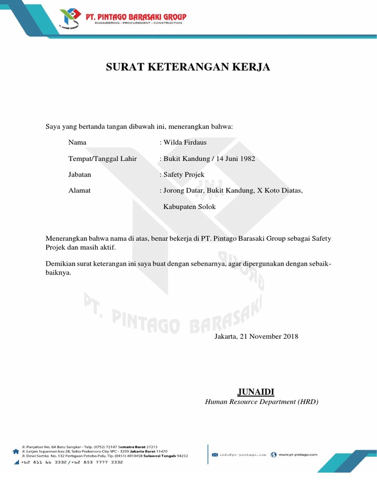 Surat Keterangan Kerja | PDF