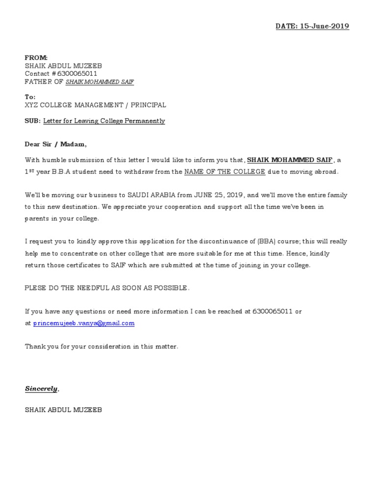 Withdrawal Letter From College For Certificates