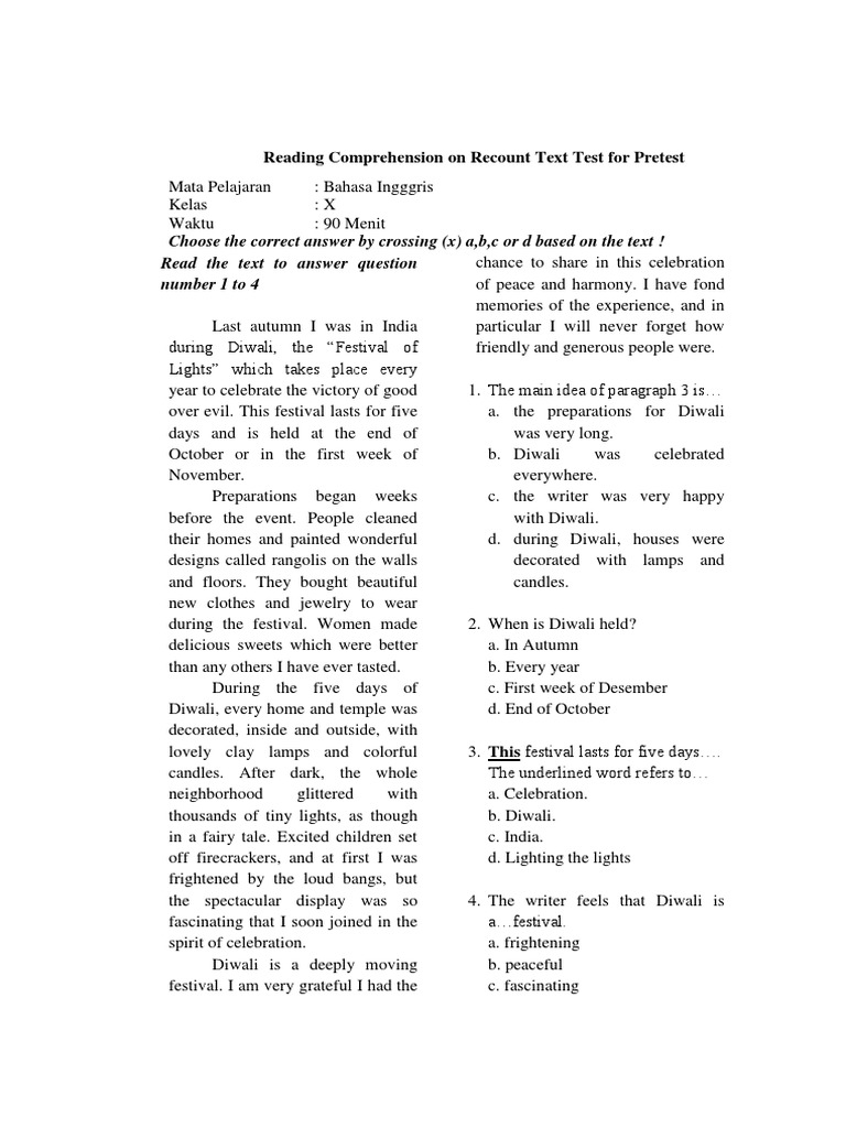 Reading Comprehension On Recount Text Test For Pretest | PDF