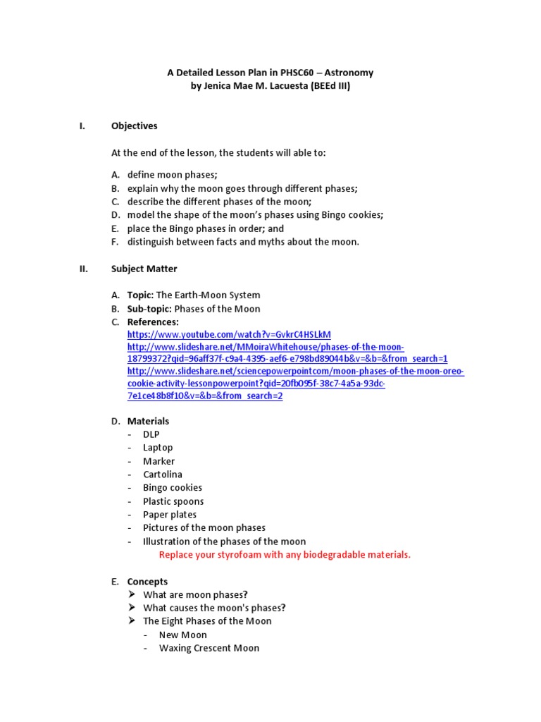 Lesson Plan in Science | PDF | Planetary Mass Satellites | Moon