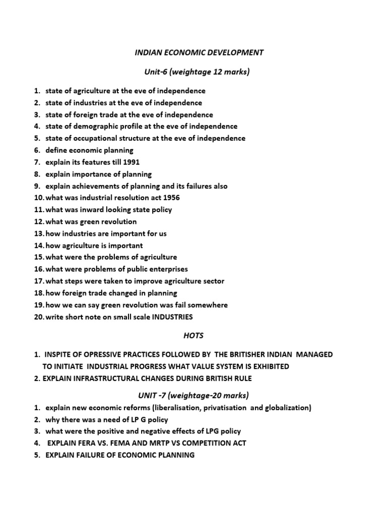 Indian Economic Development Unit-6 (Weightage 12 Marks) | PDF | Human ...